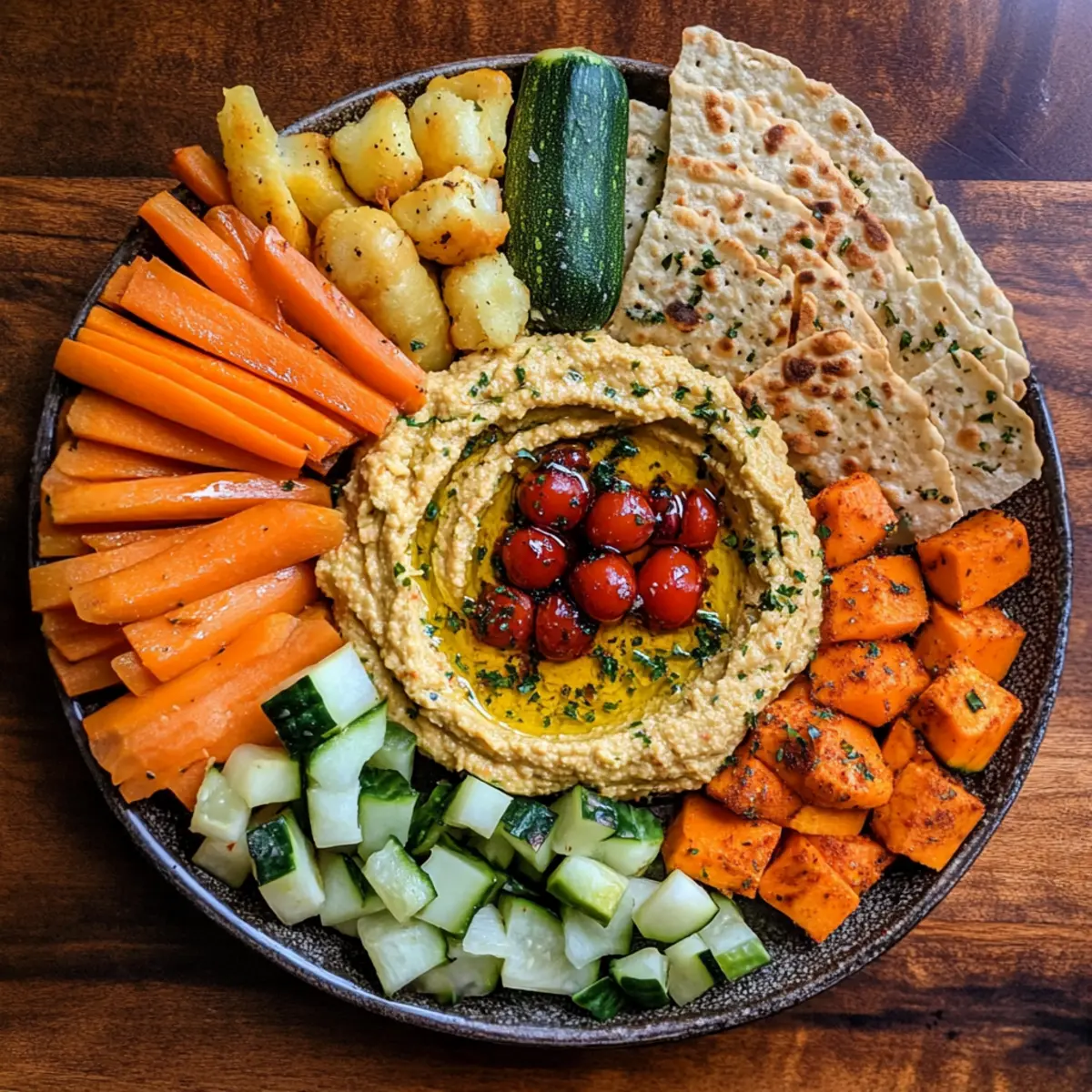 Easy Delicious Vibrant Roasted Veggie Hummus Snack Platter