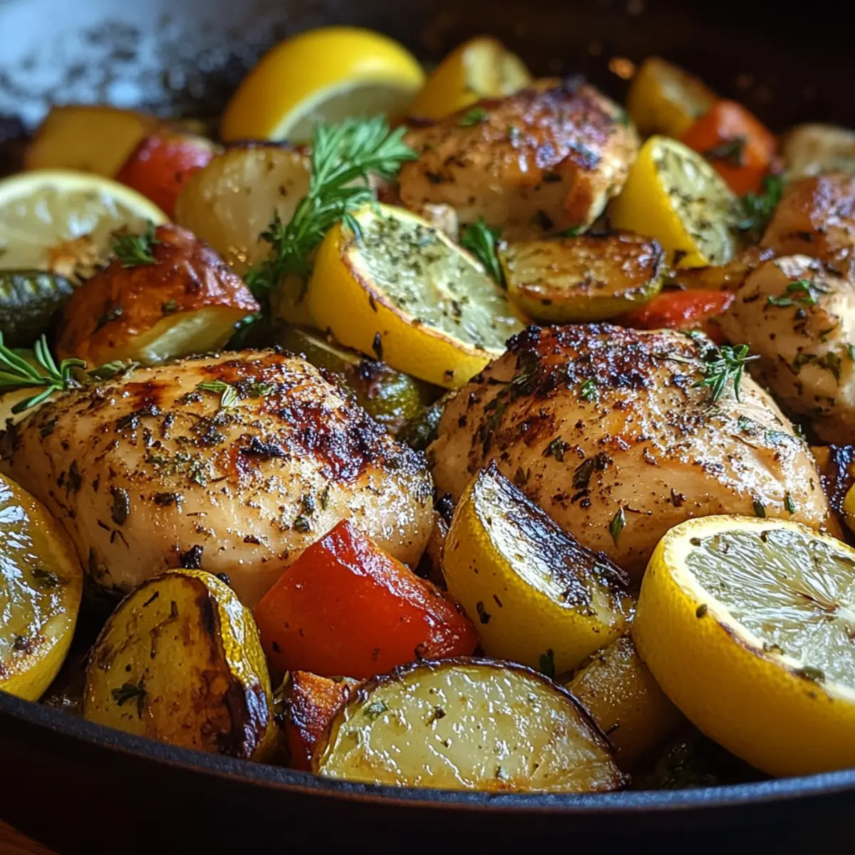 Easy Delicious Crispy Lemon Herb Chicken & Roasted Veg Skillet