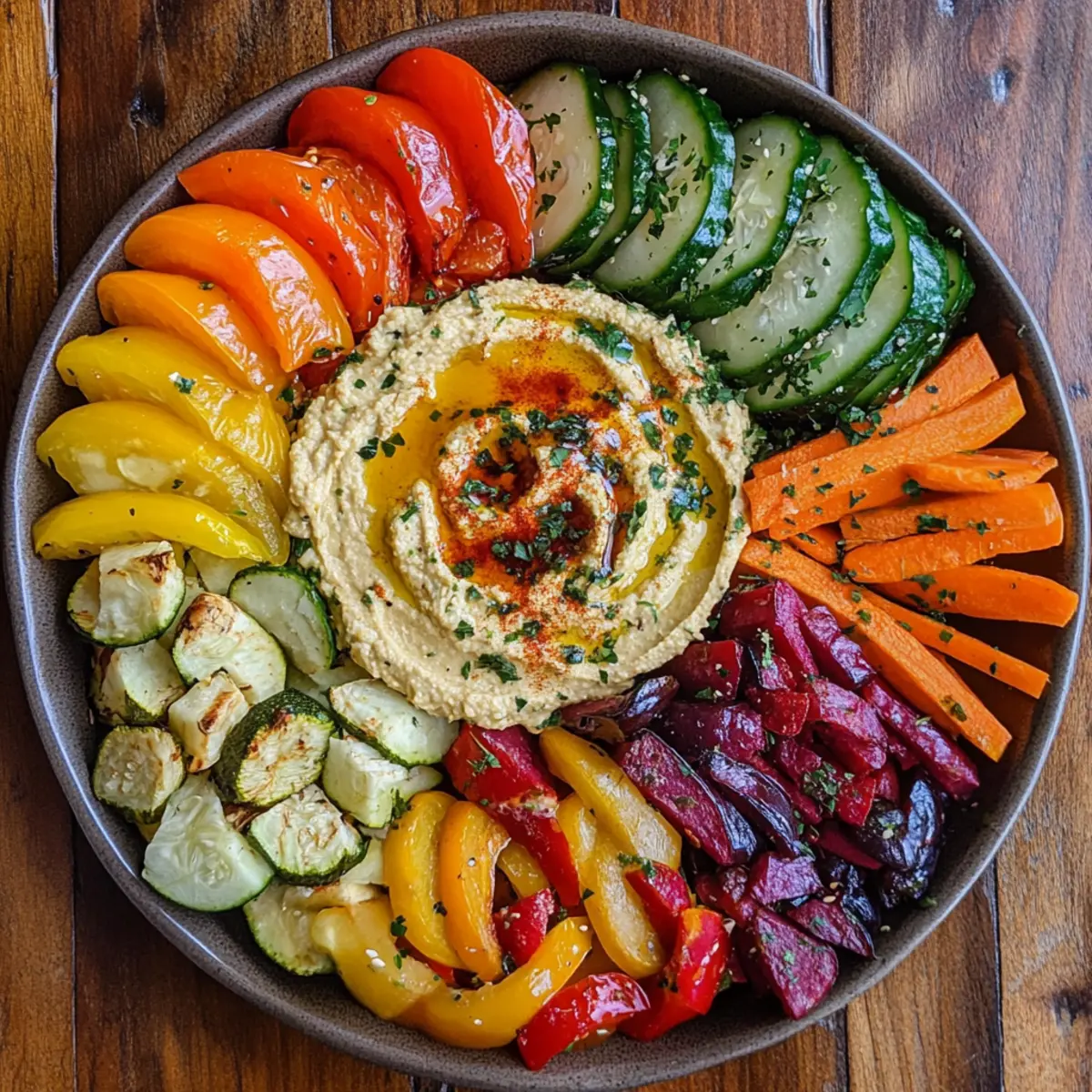 Easy Delicious Vibrant Roasted Veggie Hummus Snack Platter